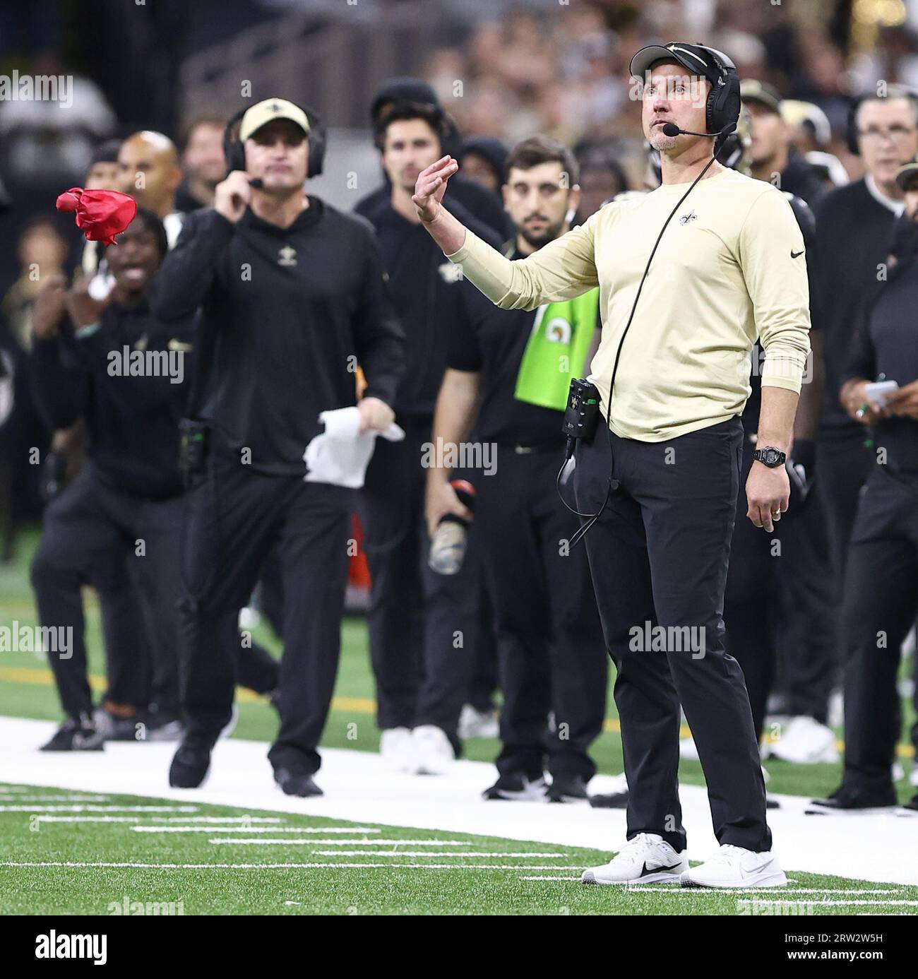 New Orleans, USA. 10th Sep, 2023. New Orleans Saints head coach Dennis Allen throws the replay ...