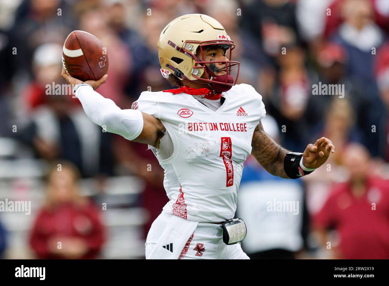 Boston College Eagles quarterback Thomas Castellanos (1) makes a pass during the first half of ...