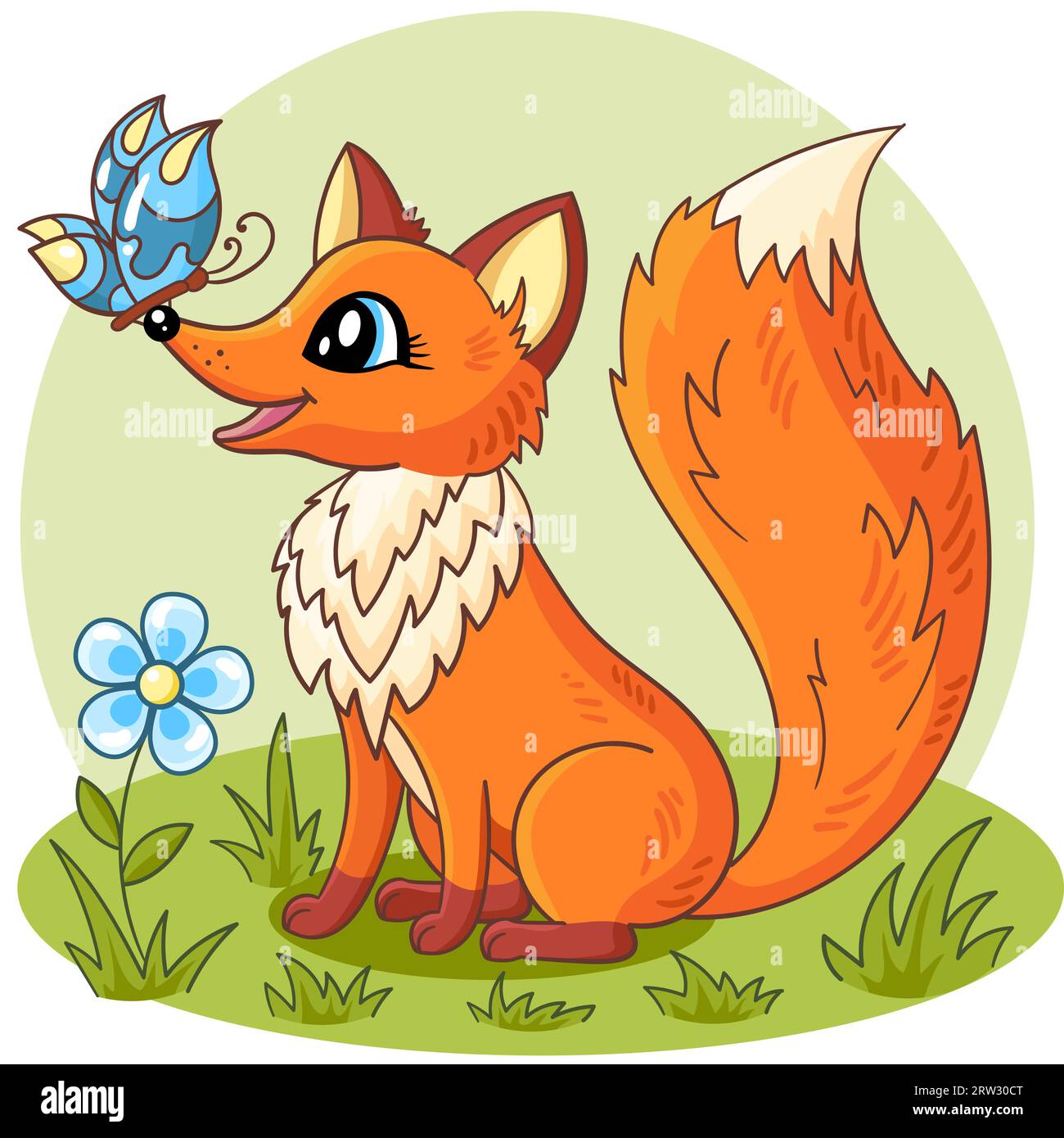 Little cartoon fox playing with a butterfly.Wildlife theme. For ...