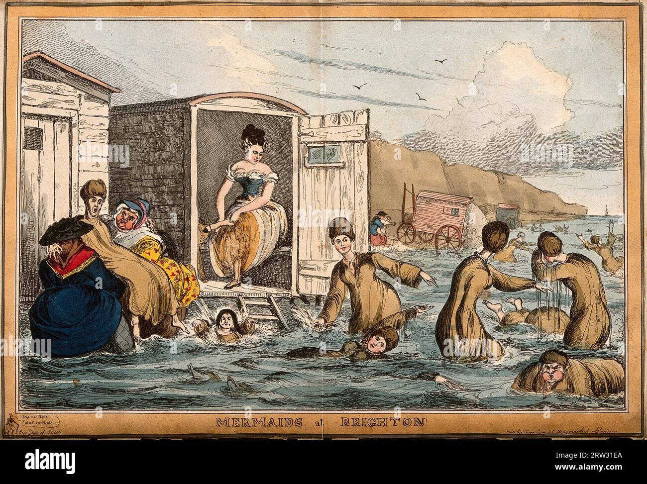 Women swimming in the sea at Brighton, coloured etching by British ...