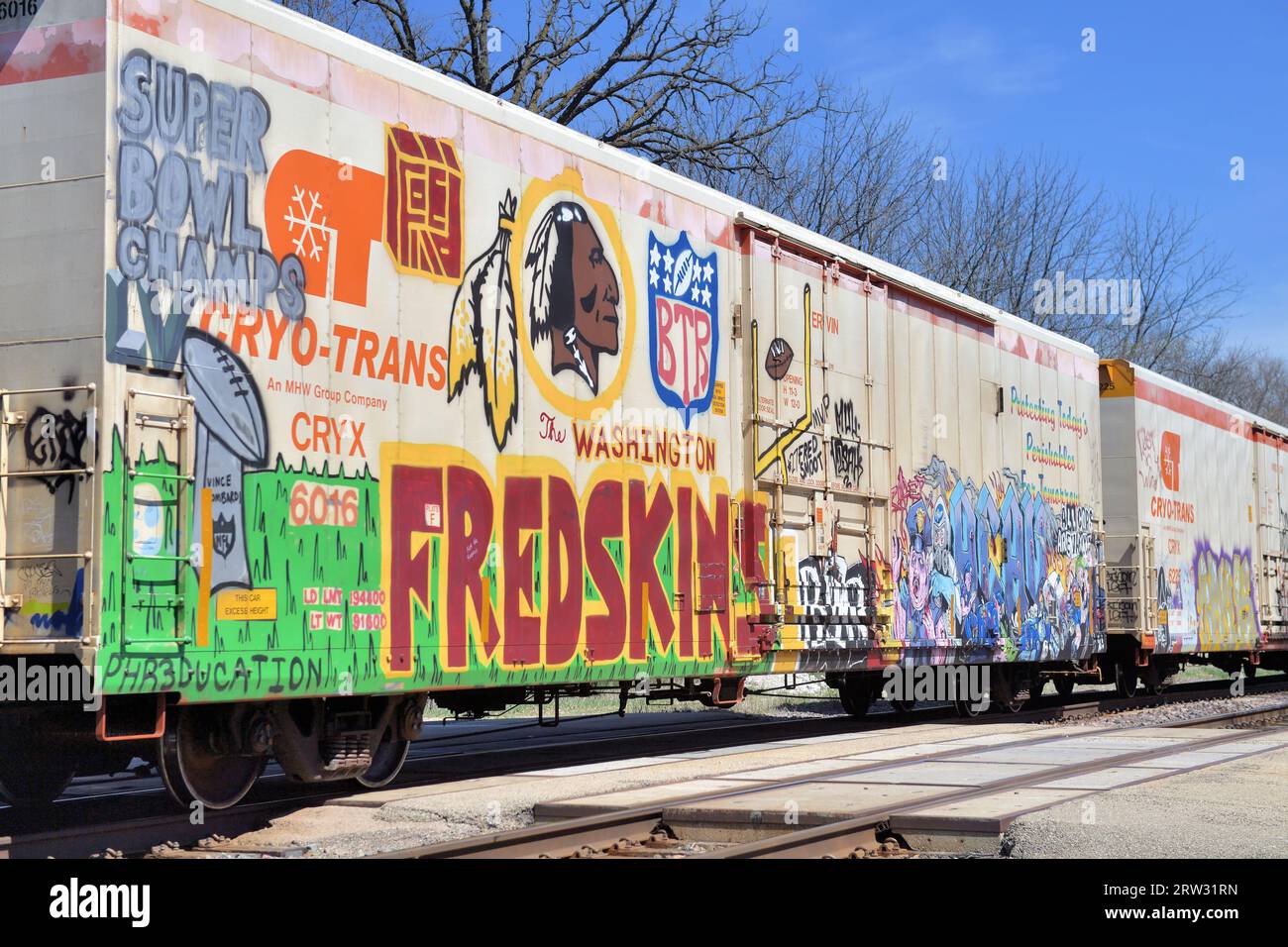 Maple Park, Illinois, USA. Extensive graffiti applied to a box car within a Union Pacific ...