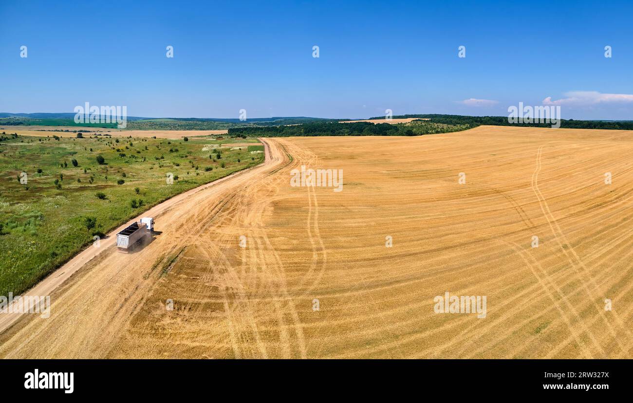 Aerial view of cargo trucks on dirt road between agricultural wheat ...