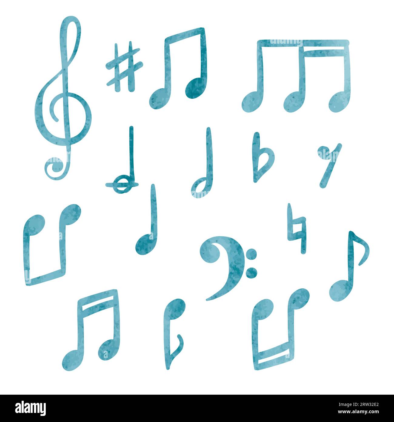 Set of blue watercolor music notes isolated on white background. Vector ...