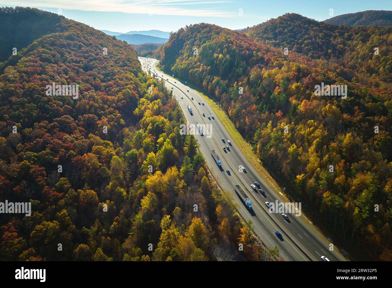 Aerial view of I-40 freeway in North Carolina heading to Asheville ...