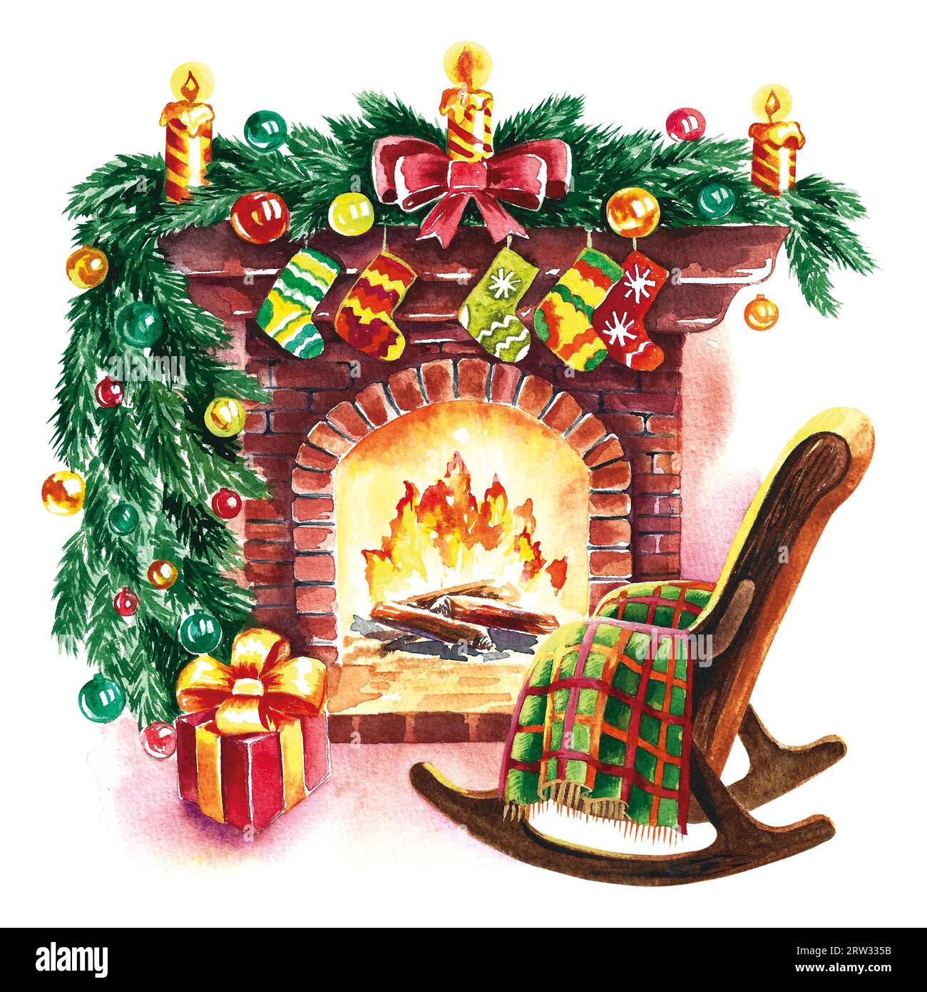 Christmas fireplace. Quiet, cozy Christmas atmosphere. The watercolor ...