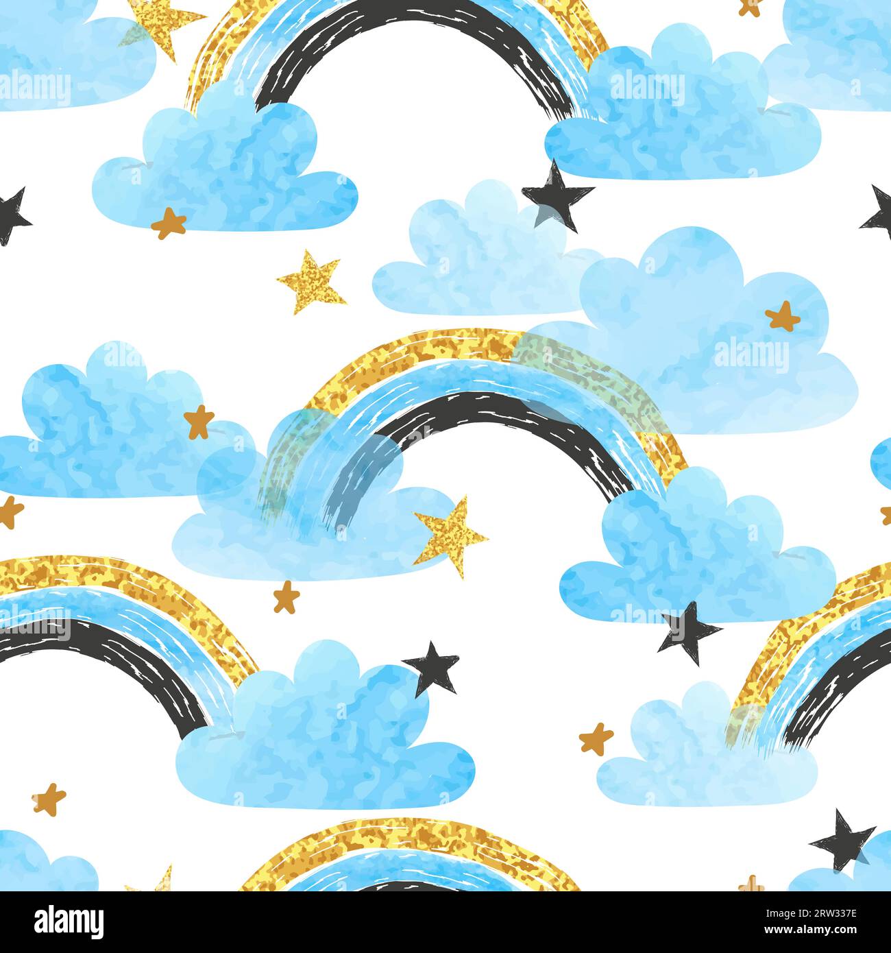 Seamless pattern with rainbows, clouds and stars. Vector watercolor ...