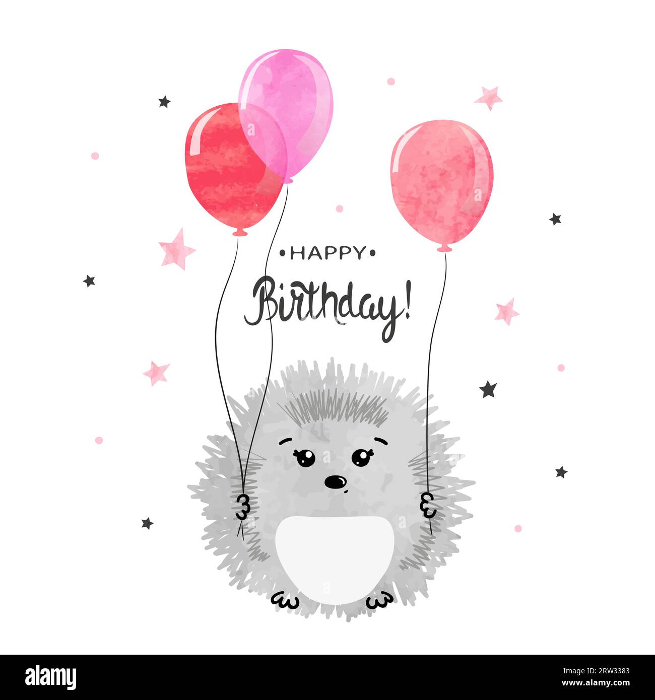 Happy Birthday greeting card design with cute hedgehog and balloons ...