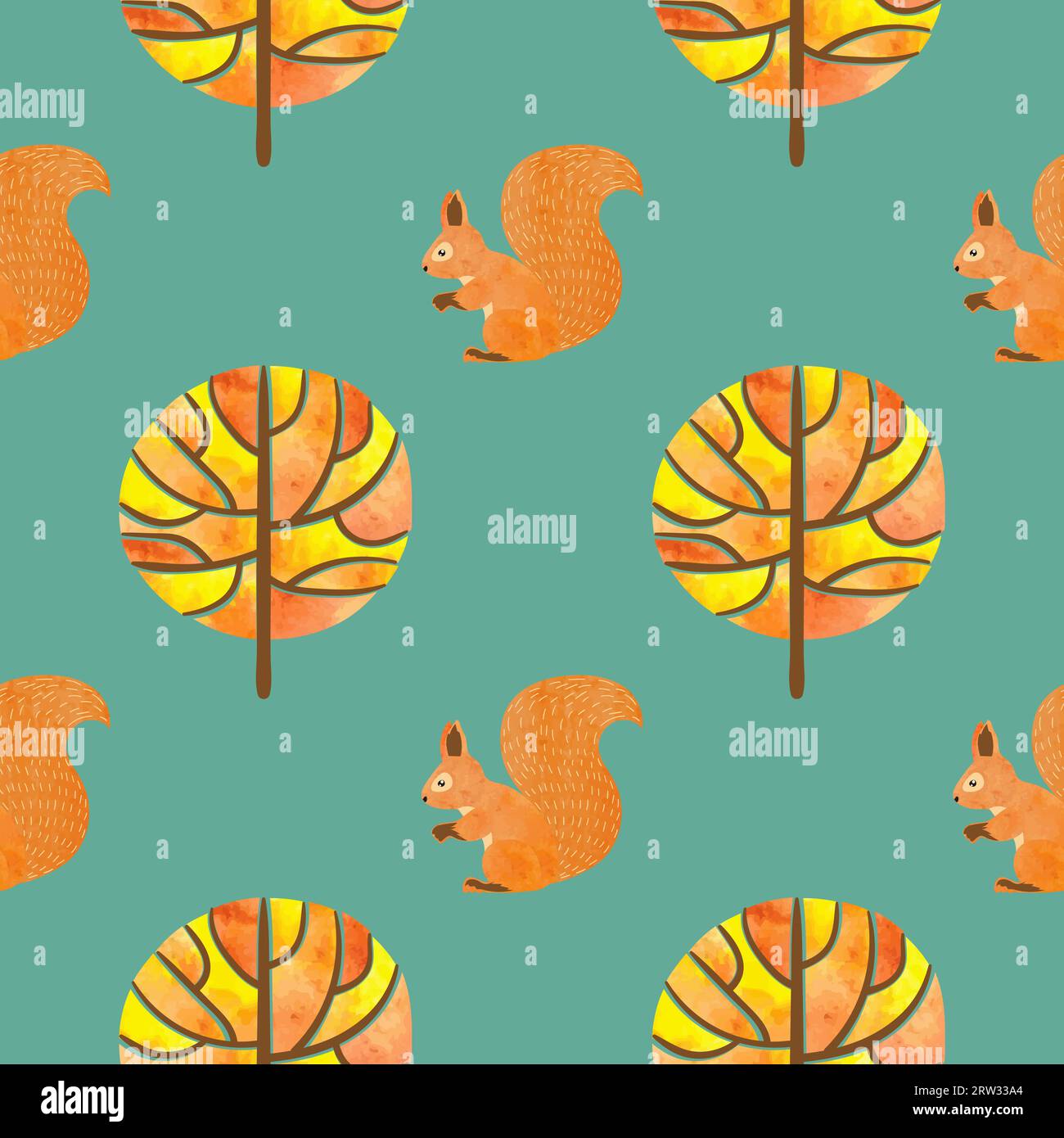 Seamless autumn pattern with watercolor squirrels and trees. Vector ...