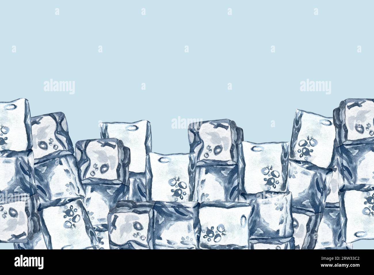 Watercolor ice cubes background, crystal ice blocks frame, isolated ...
