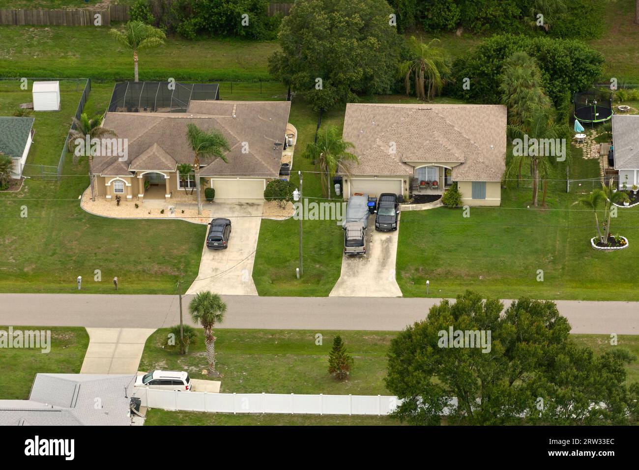 Aerial view of small town America suburban landscape with private homes ...