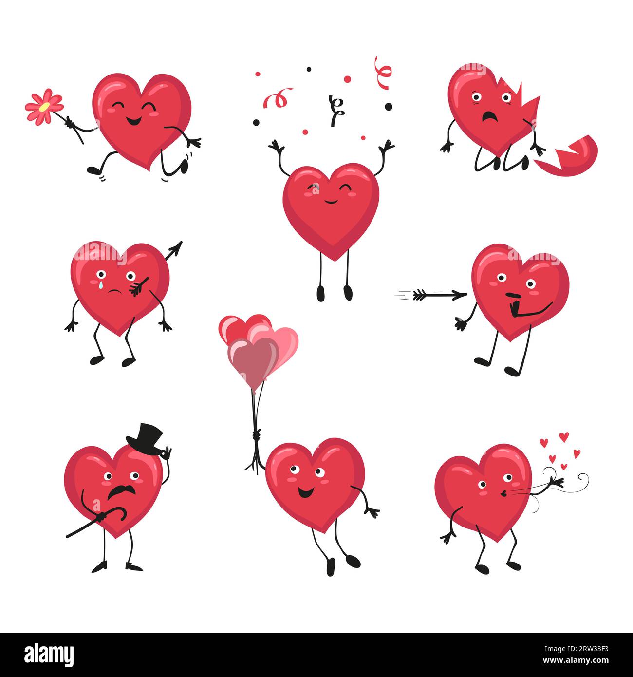Set of cute cartoon hearts characters. Valentines day vector ...