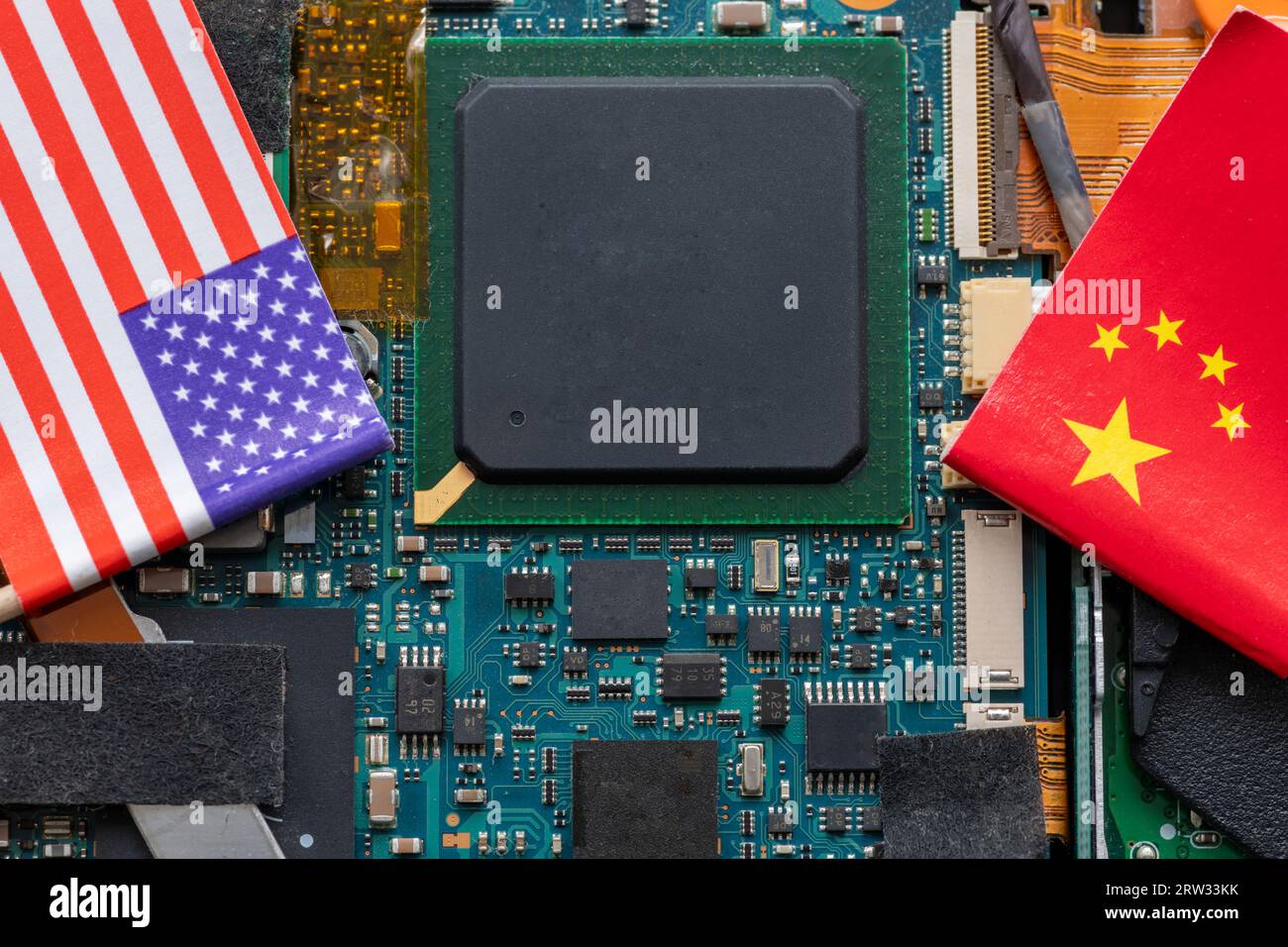 A technology conflict, competition concept with the American and ...