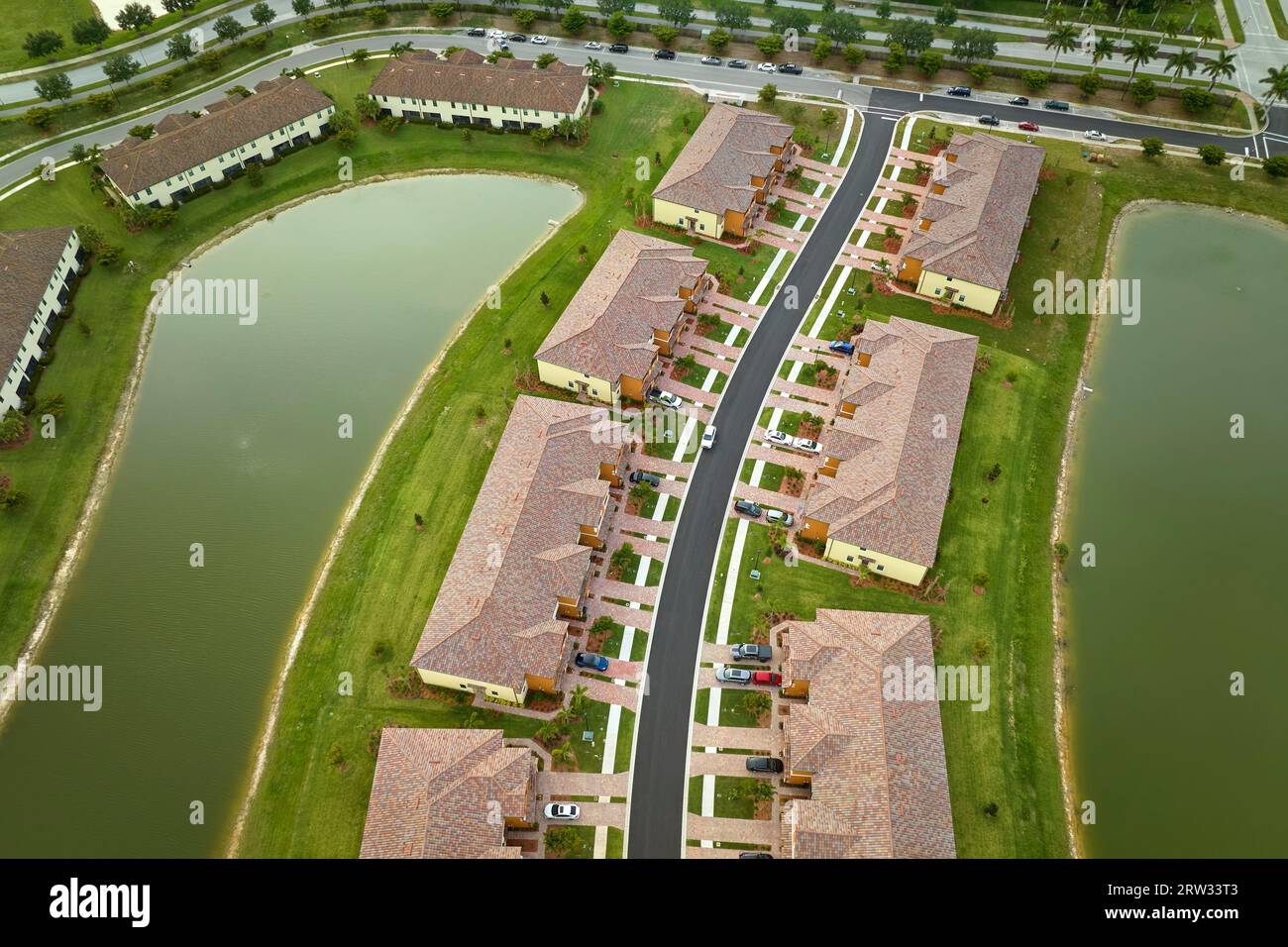 Aerial view of tightly packed homes in Florida closed living clubs with ...