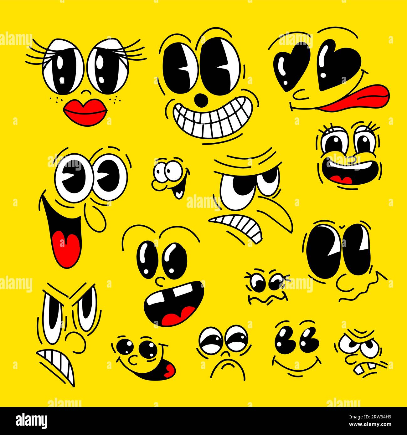 Funny cartoon comic faces on yellow background. Yellow different faces ...