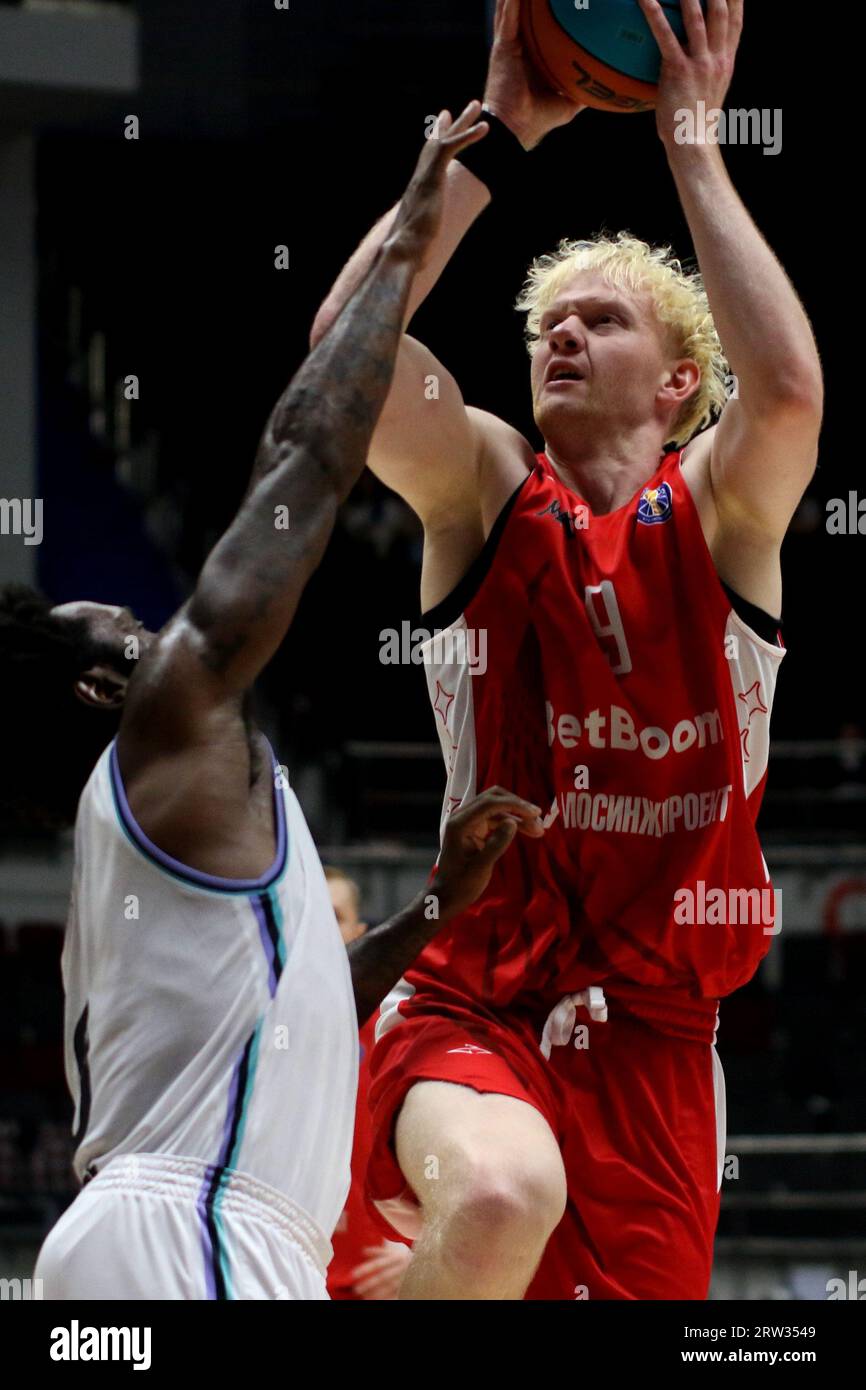 Glenn Cosey (0) of Pari Nizhny Novgorod and Daniil Kasatkin (9) of MBA ...