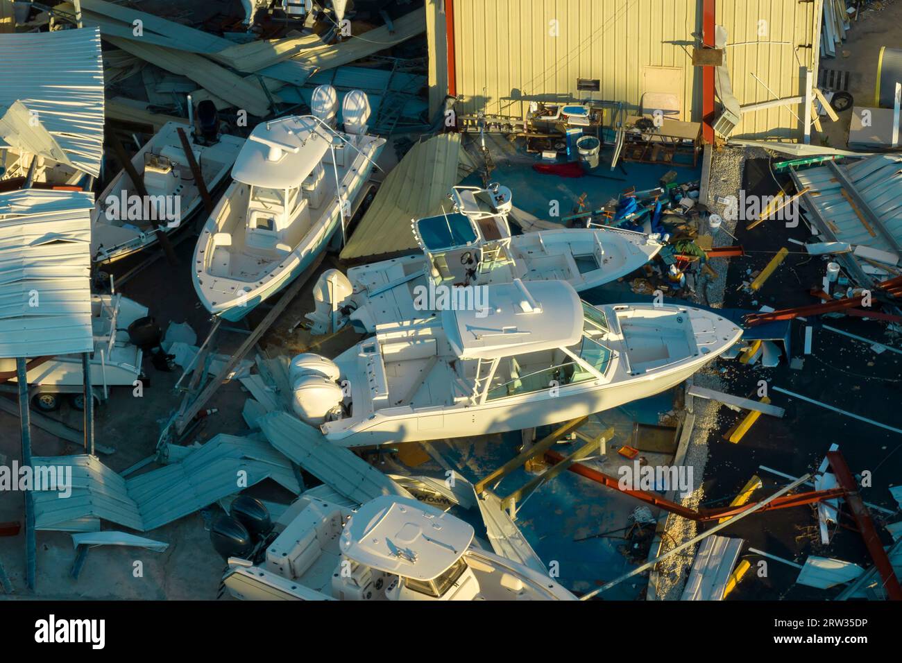 Hurricane Ian destroyed boat station in Florida coastal area. Natural ...