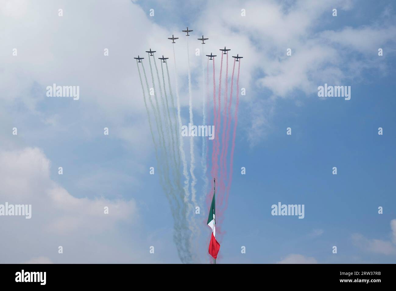 Mexican Air Force planes release smoke trails representing the colors ...