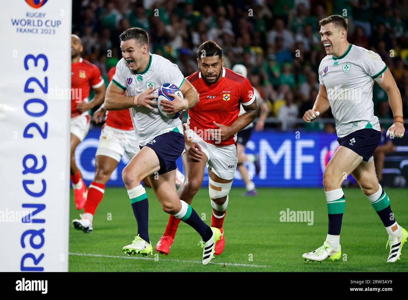 Irelands Johnny Sexton Charges Through To Score A Try During The Rugby