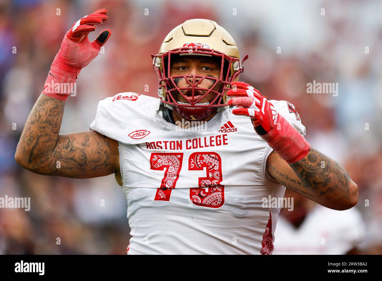 Boston College Eagles offensive lineman Christian Mahogany (73) reacts ...