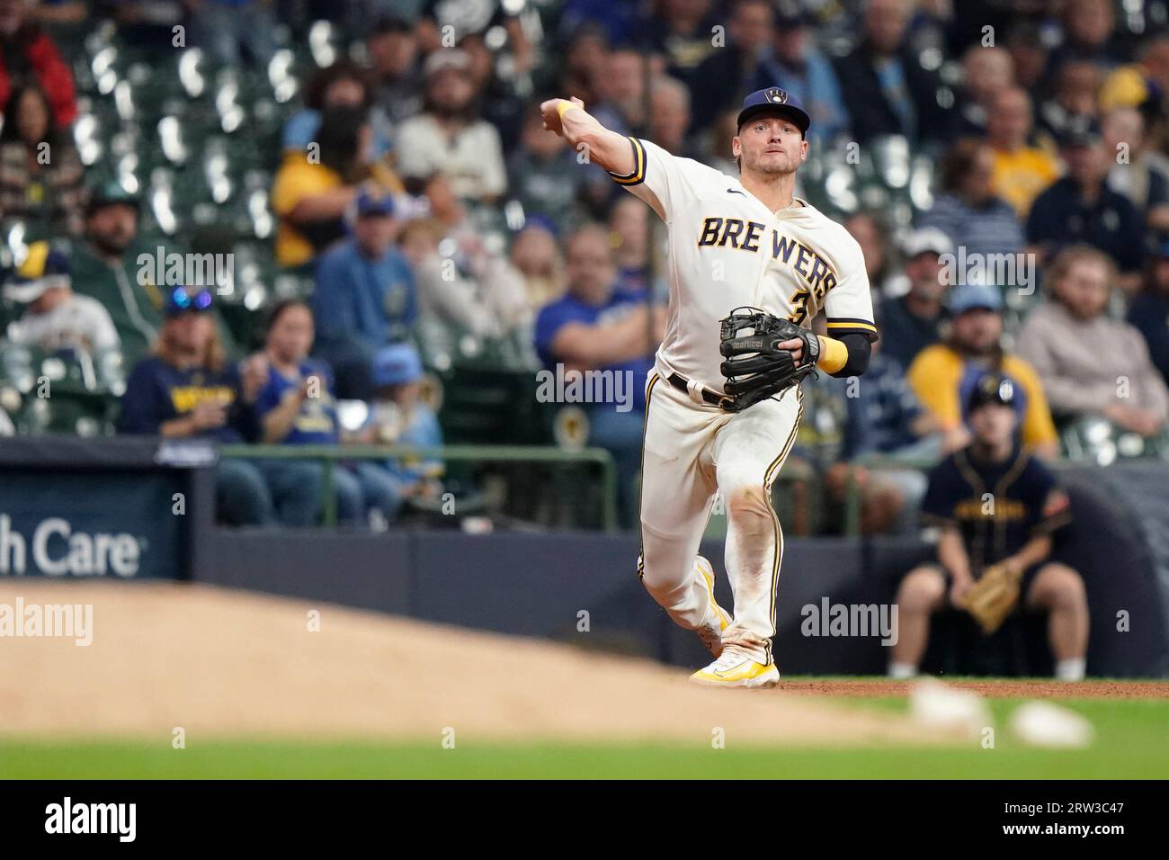 Milwaukee Brewers' Josh Donaldson throws to first base during the sixth ...