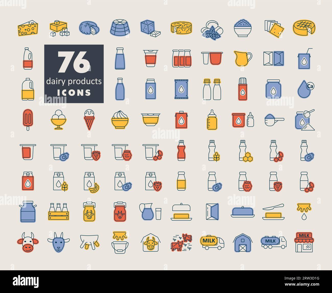Milk, dairy products vector icon set. Graph symbol for cooking web site ...