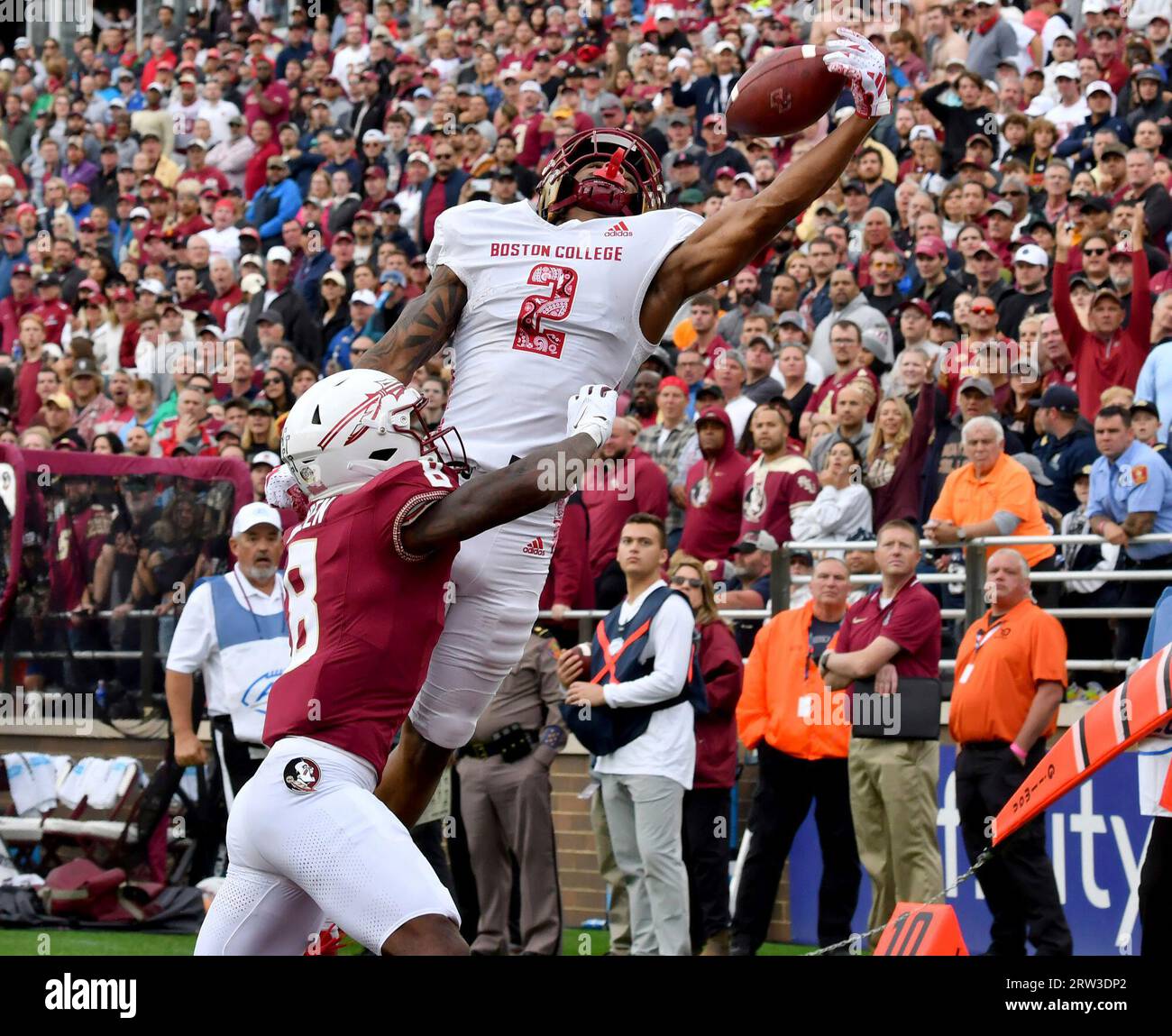Boston College wide receiver Joseph Griffin Jr. (2) attempts to pull in ...