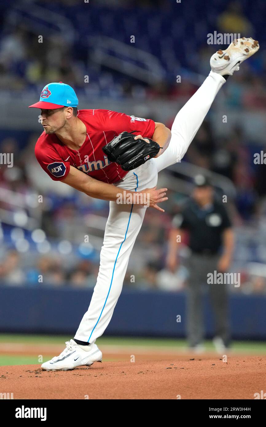 Miami Marlins starting pitcher Bryan Hoeing follows through on a pitch ...