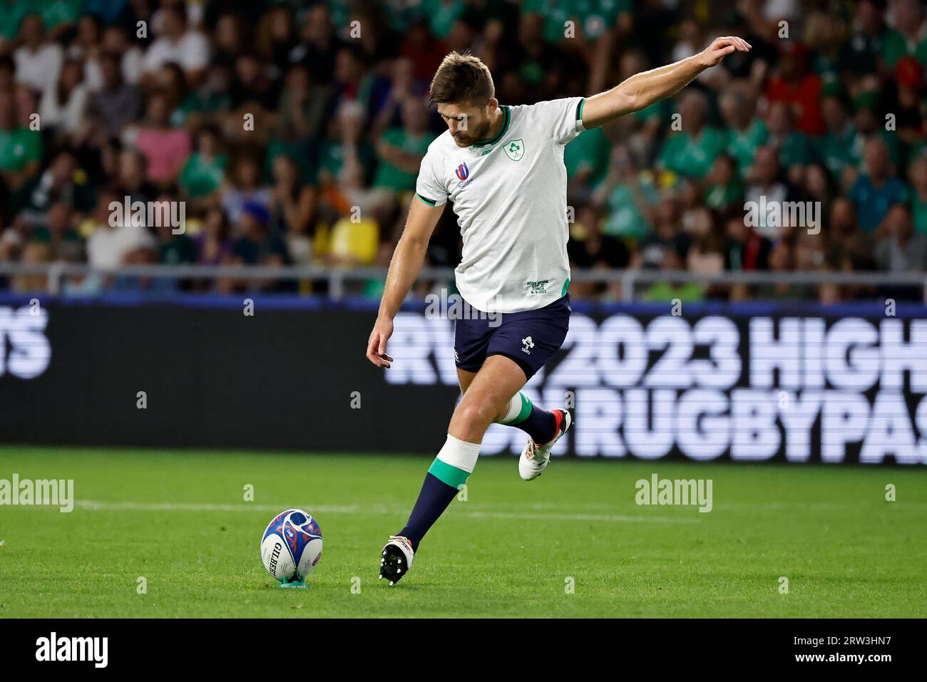 Ireland's Ross Byrne kicks a conversion during the Rugby World Cup Pool ...