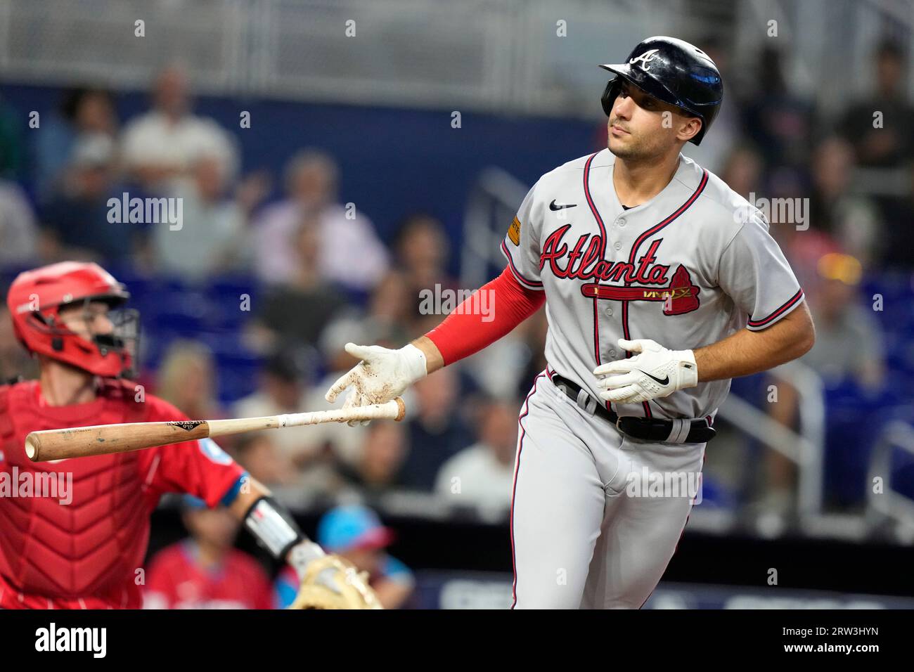 Atlanta Braves' Matt Olson tosses his bat after drawing a walk during ...