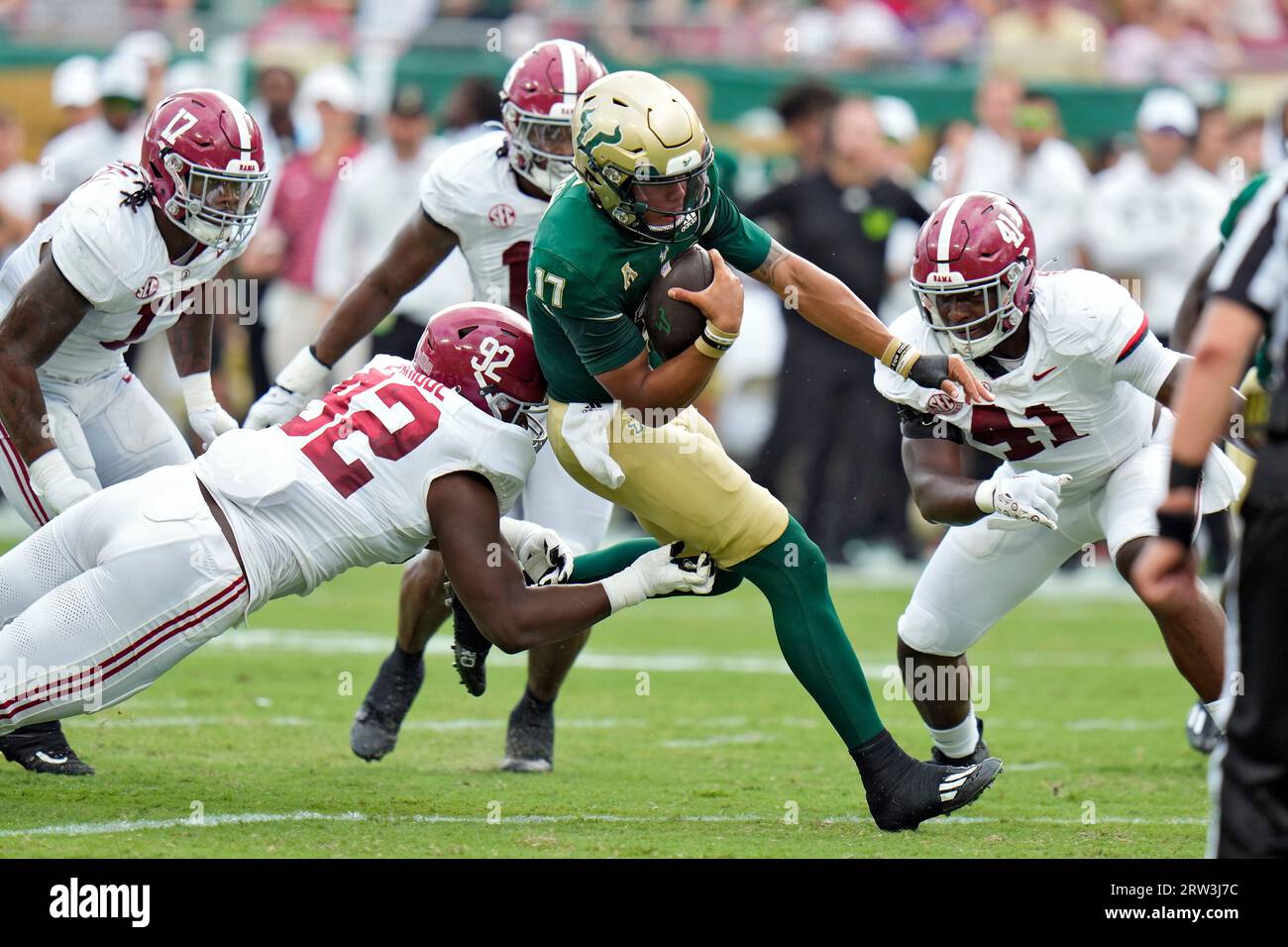South Florida quarterback Byrum Brown (17) is sacked by Alabama ...