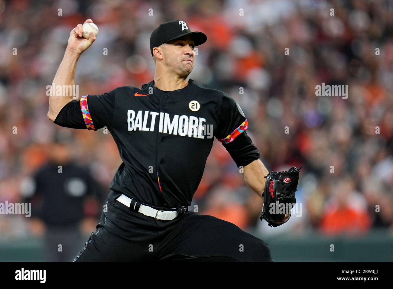 Baltimore Orioles starting pitcher Jack Flaherty throws in the first ...