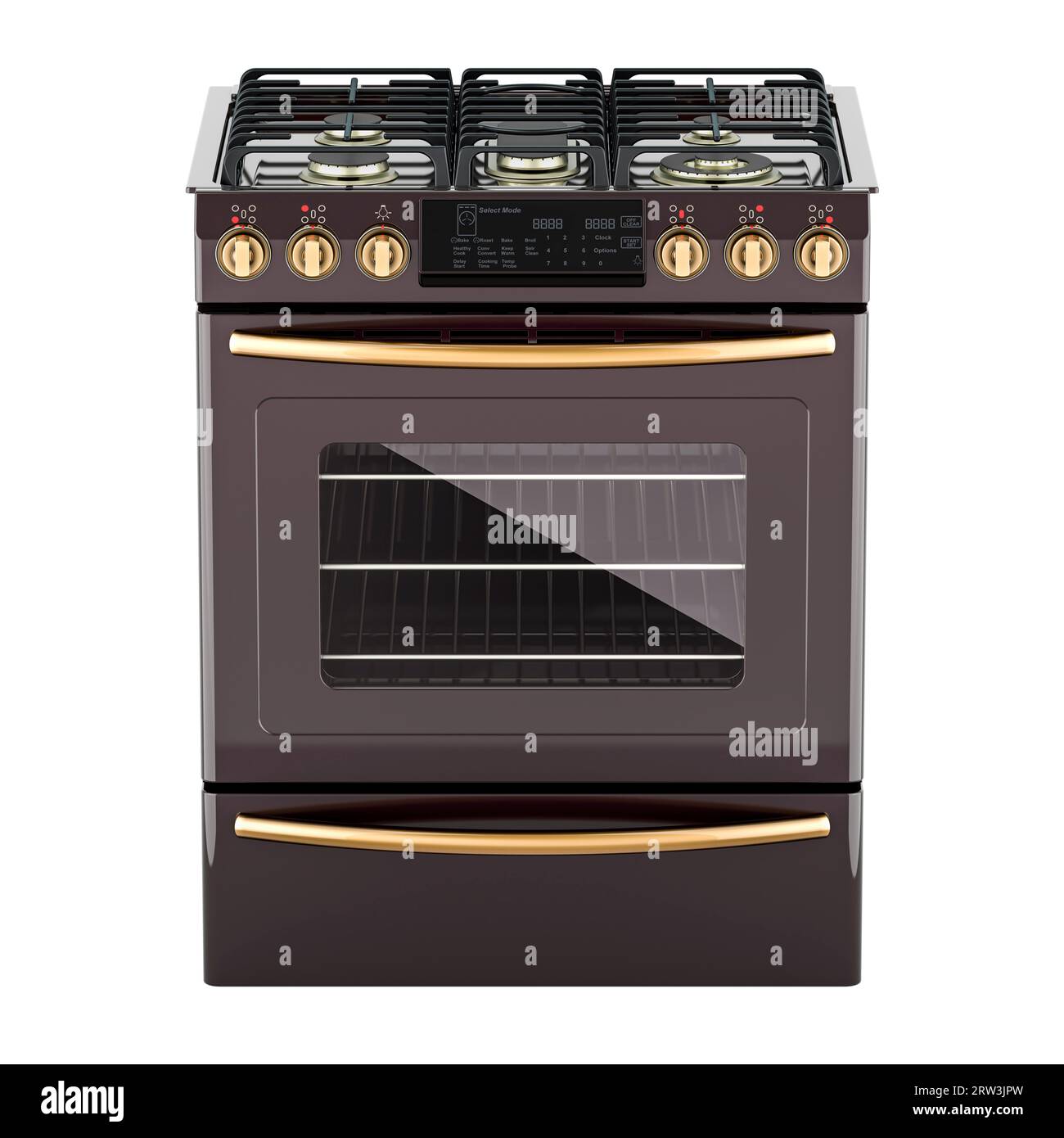 Kitchen Gas Stove and Oven, front view. 3D rendering isolated on white ...