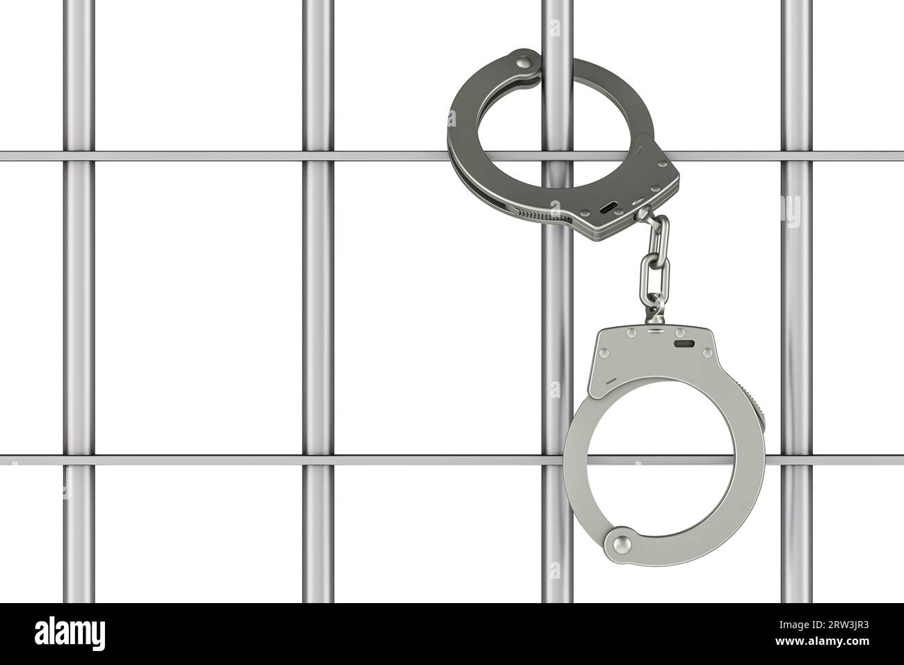 Handcuffs on metal prison bars, 3D rendering isolated on white ...
