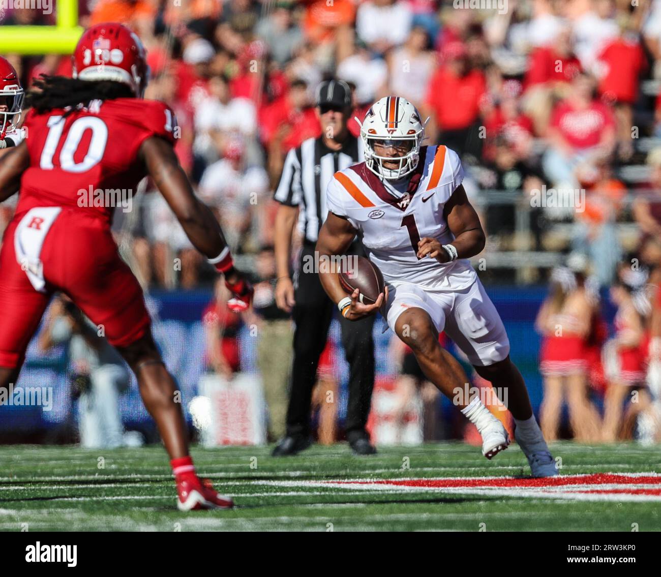 Piscataway, NJ, USA. 16th Sep, 2023. Virginia Tech Hokies quarterback Kyron Drones (1) takes off ...
