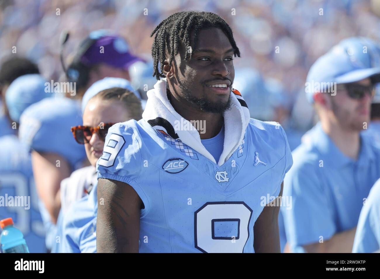 North Carolina wide receiver Devontez Walker (9) watches the game from ...