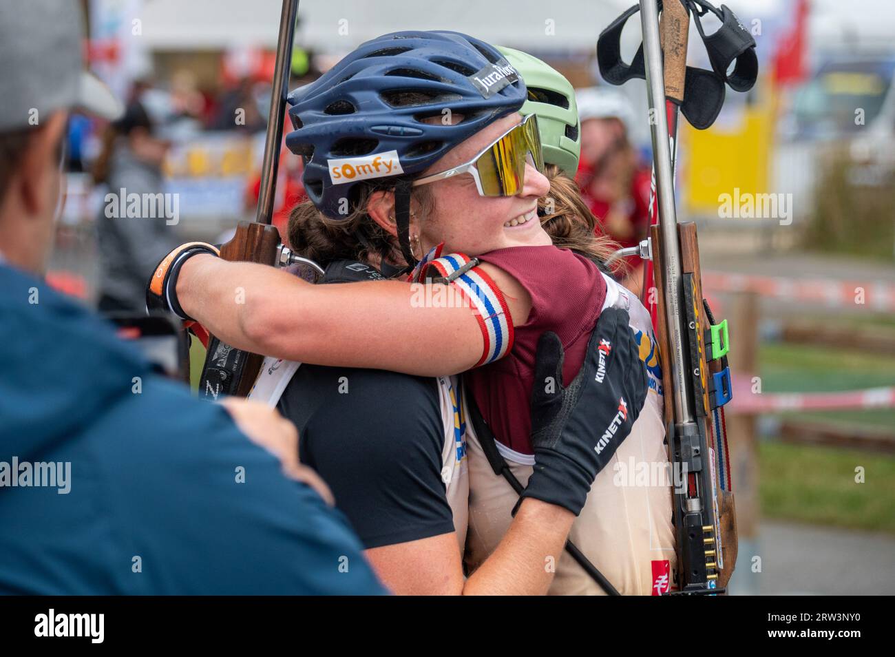 Lou Jeanmonnot and Justine Braisaz during the Biathlon Summer Tour 2023 on September 16, 2023 at ...