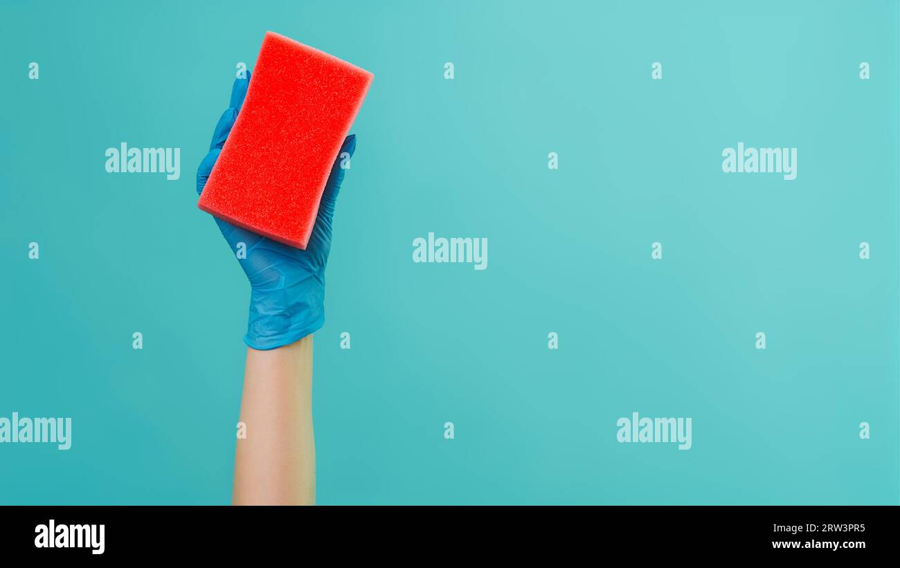 Cleaning equipment protective gloves sponge hand Stock Photo - Alamy