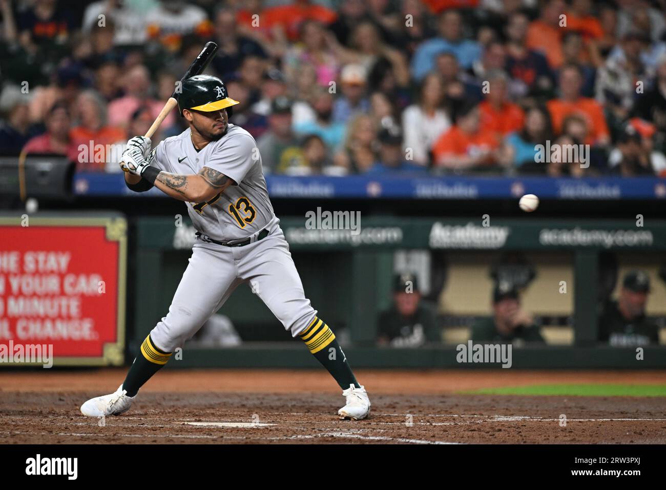 Oakland Athletics second baseman Jordan Diaz (13) batting in the top of ...