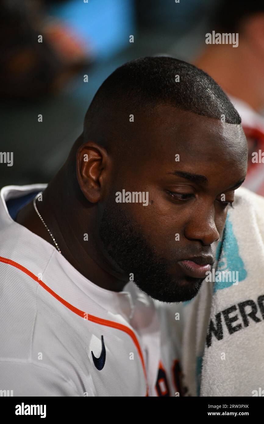 Houston Astros left fielder Yordan Alvarez (44) cools off in between ...