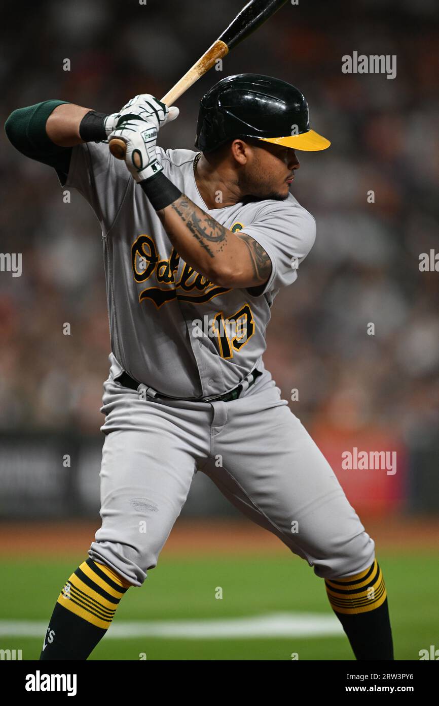 Oakland Athletics second baseman Jordan Diaz (13) batting int he top of ...