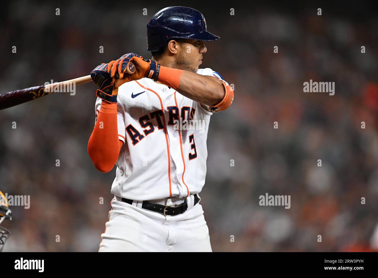 Houston Astros shortstop Jeremy Pena (3) batting in the bottom of the ...