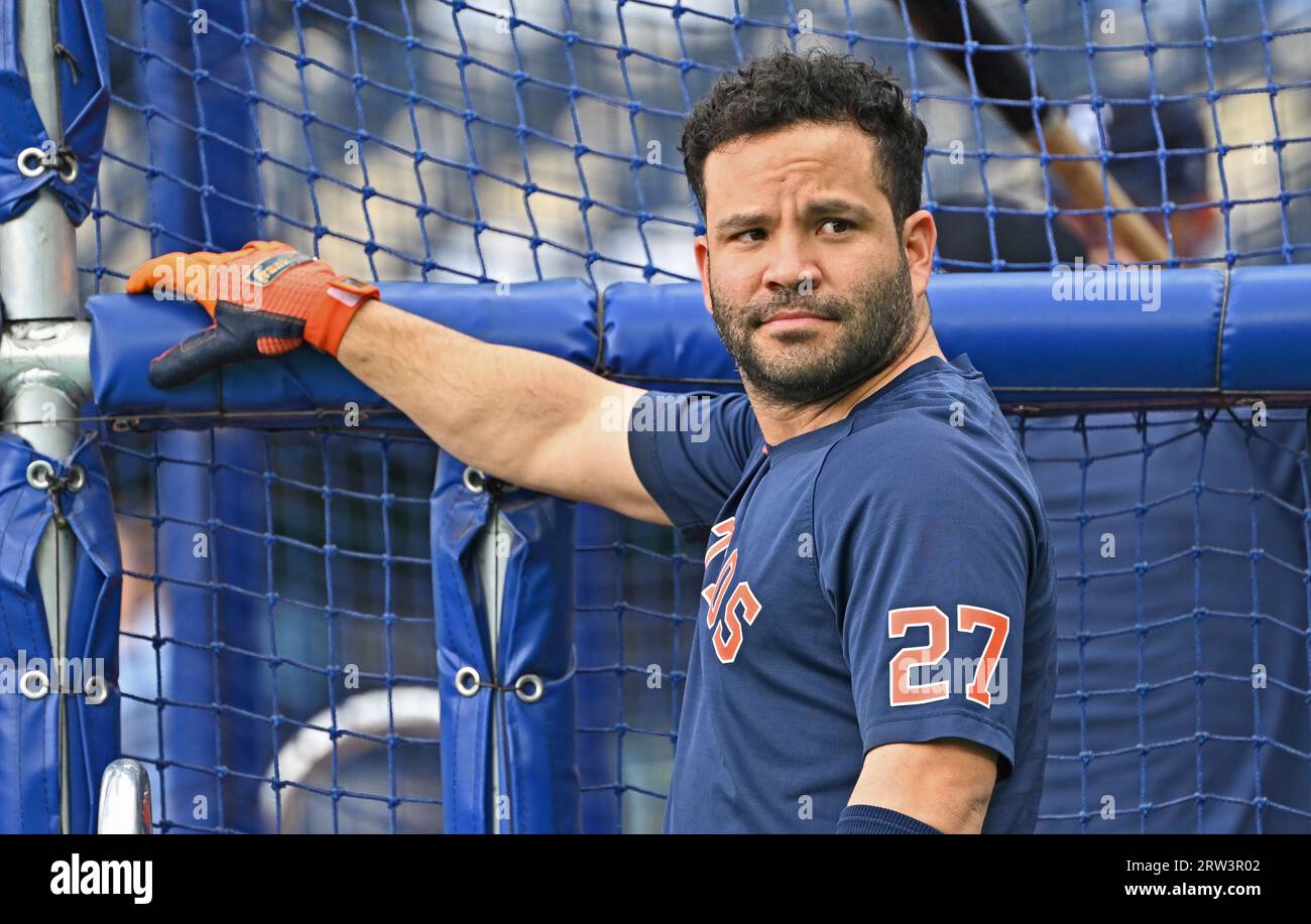 Houston Astros' Jose Altuve looks on during batting practice before a ...
