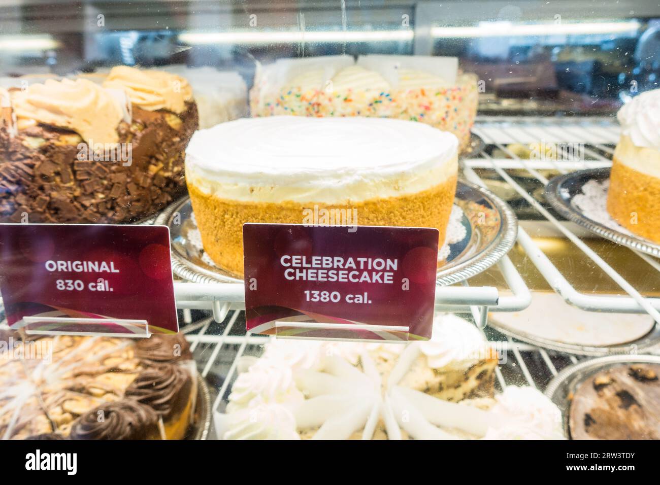 Cheese cake on display in America's Cheesefactory restaurant Stock ...