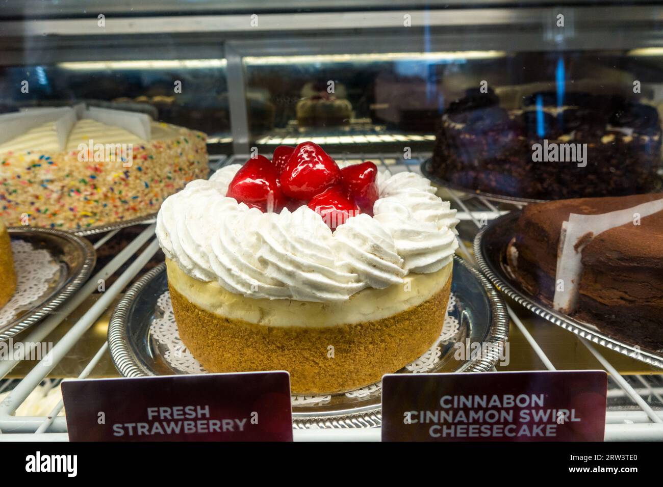 Variety of Cheese cakes on display in Cheesecake factory restaurant ...