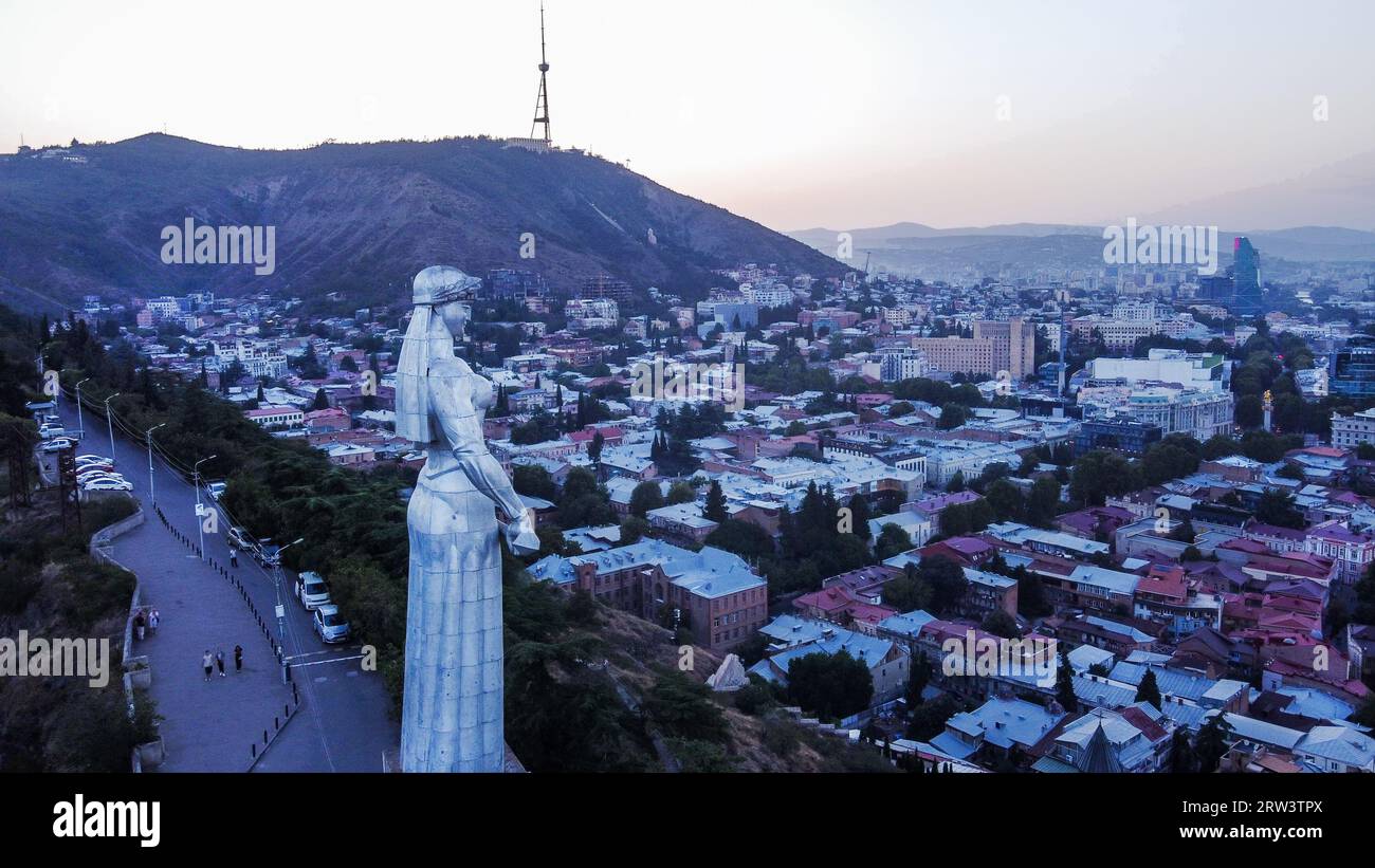 Aerial panorama with Statue (monument) of Mother-Georgia and old town ...