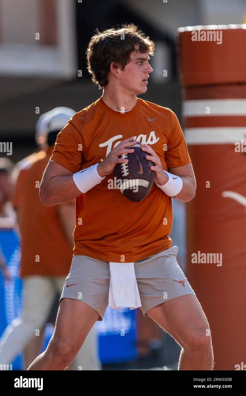 Sept 16, 2023. Arch Manning #16 of the Texas Longhorns warming up ...