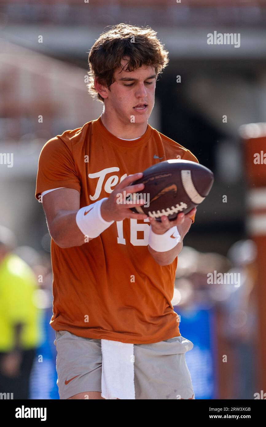 Sept 16, 2023. Arch Manning #16 of the Texas Longhorns warming up ...