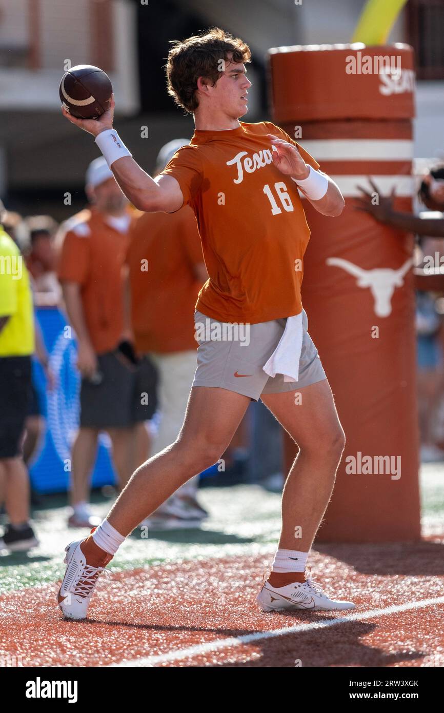 Sept 16, 2023. Arch Manning #16 of the Texas Longhorns warming up ...