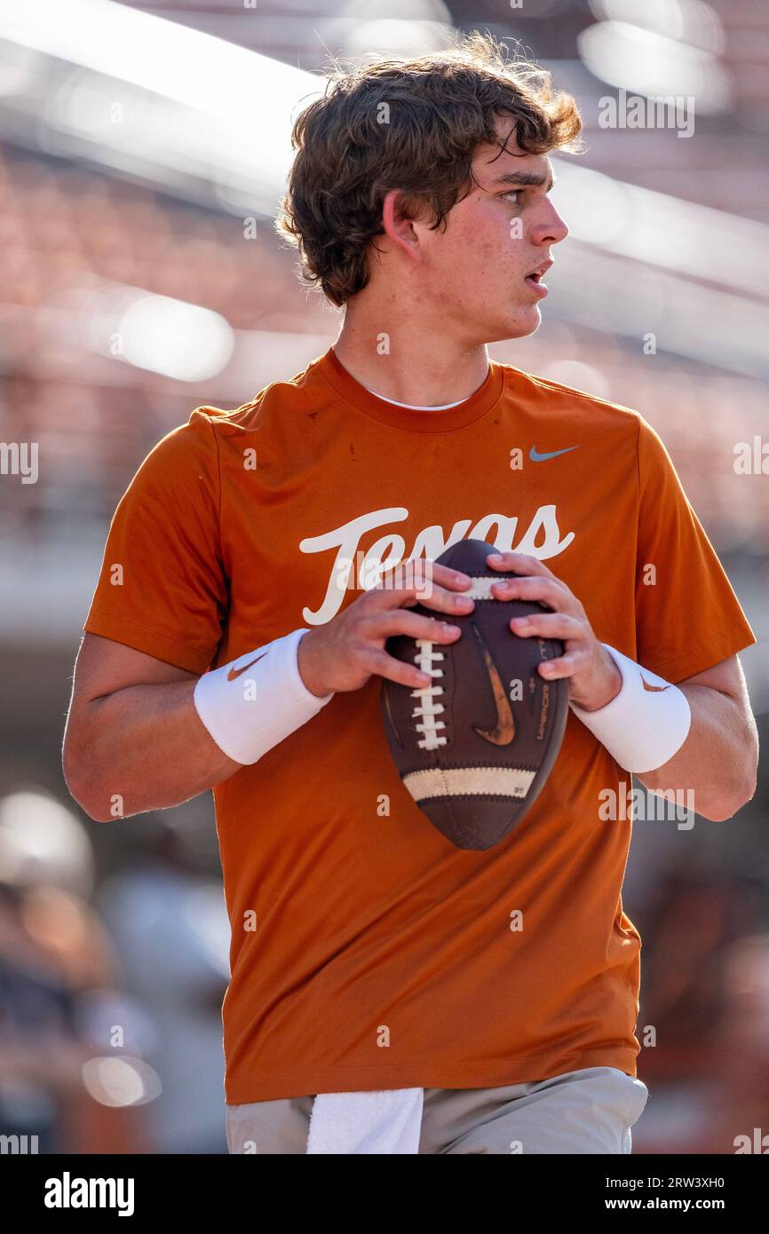 Sept 16, 2023. Arch Manning #16 of the Texas Longhorns warming up ...
