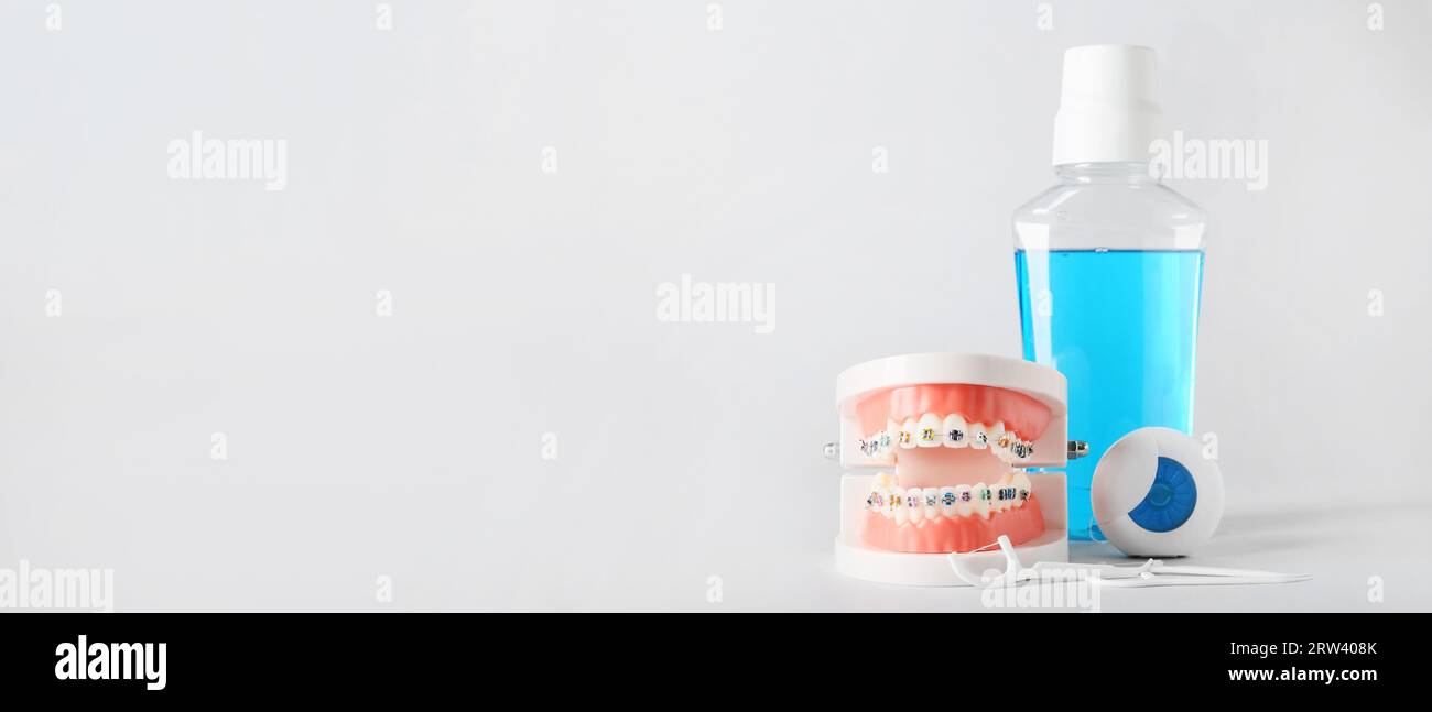 Plastic jaws with dental braces, toothpicks, floss and mouthwash on ...